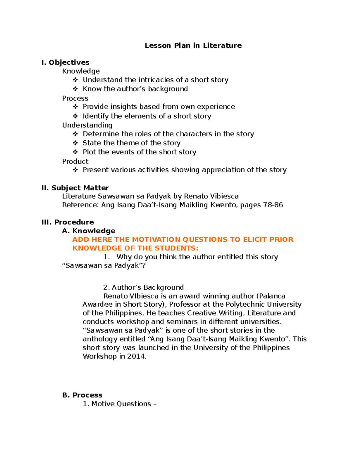 Lesson Plan in Literature - Objectives Knowledge Understand the ...