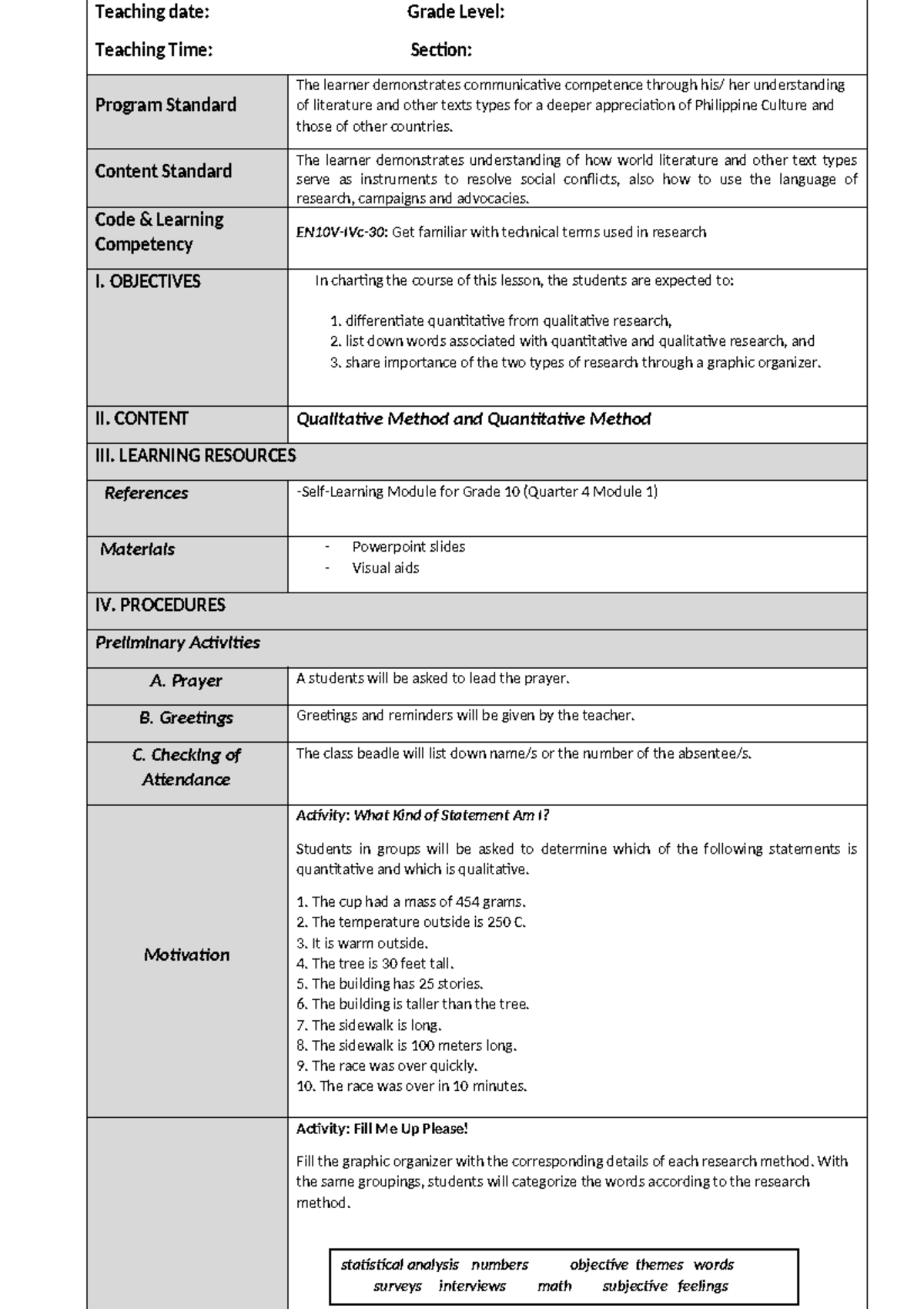 COT-2 - LP on COT2 - Teaching date: Grade Level: Teaching Time: Section ...
