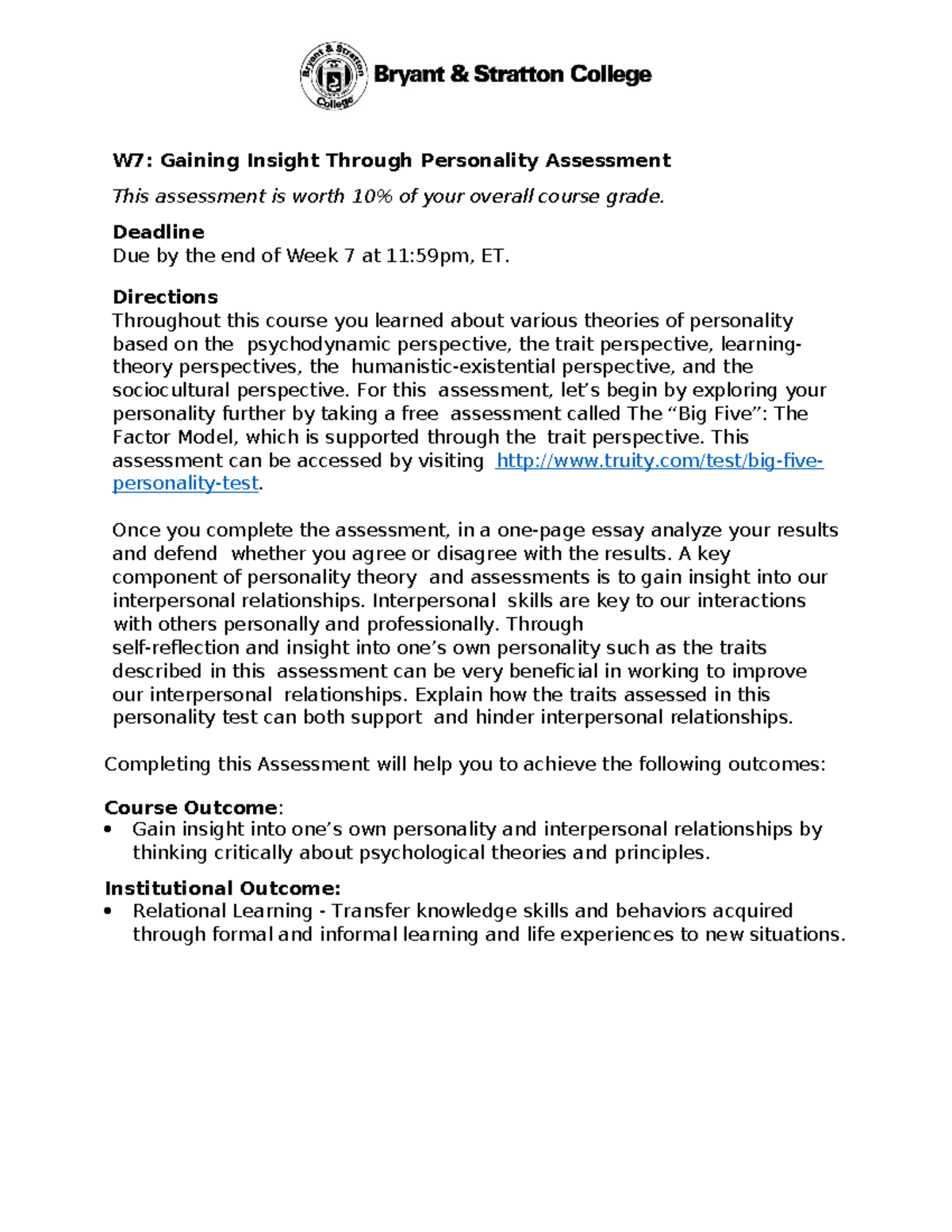 PSYC101 - W7 Gaining Insight Through Personality Assessment Directions ...