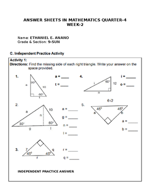 ANS. Sheets IN MATH WEEK-3 (Q-4 Anano) - ANSWER SHEETS IN MATHEMATICS QUARTER- WEEK- Name ...