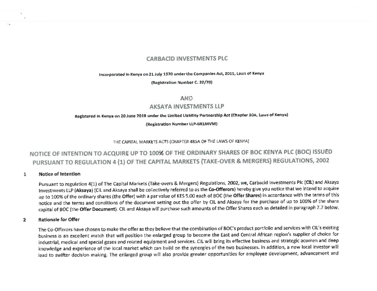 Carbacid investments plc notice of intention to acquire up to 100 ...