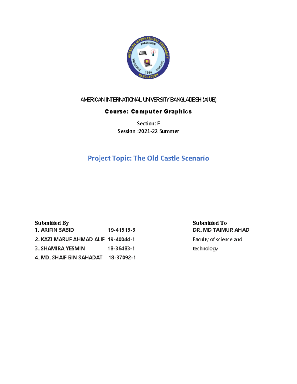 Computer Graphics Project report - AMERICAN INTERNATIONAL UNIVERSITY ...