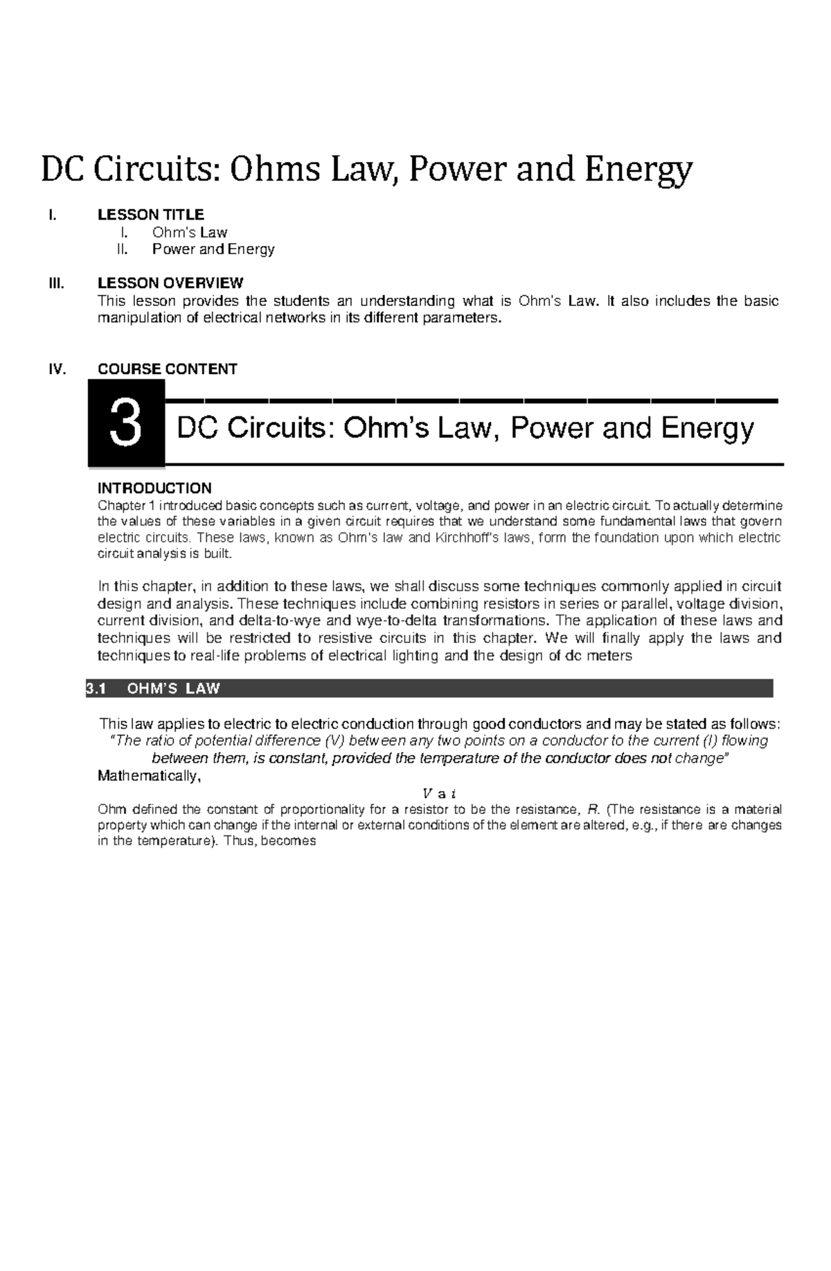 DC Circuits Ohms Law, Power and Energy - LESSON TITLE I. Ohm’s Law II ...