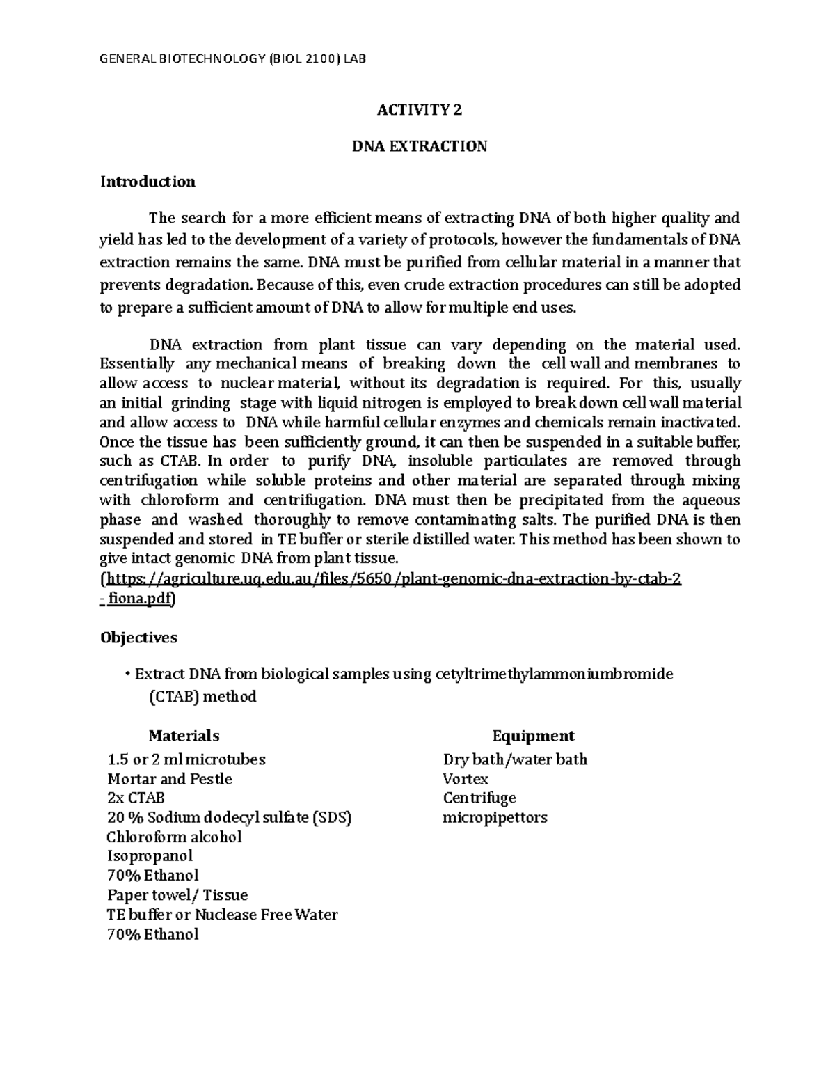 BIOL2100 Act2 DNA Extraction - GENERAL BIOTECHNOLOGY (BIOL 2100) LAB ACTIVITY 2 DNA EXTRACTION ...