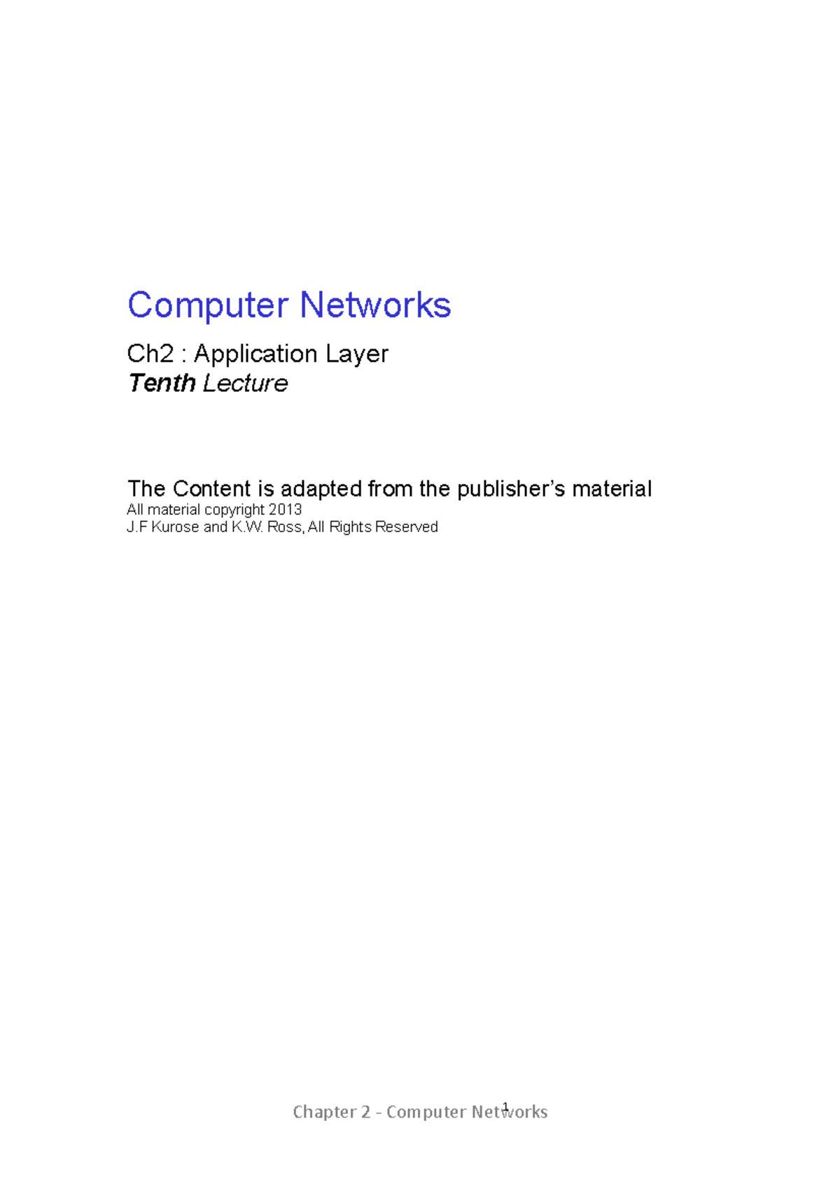 Computer Networks Ch2 J Computer Networks Ch2 Application Layer Tenth Lecture The Content