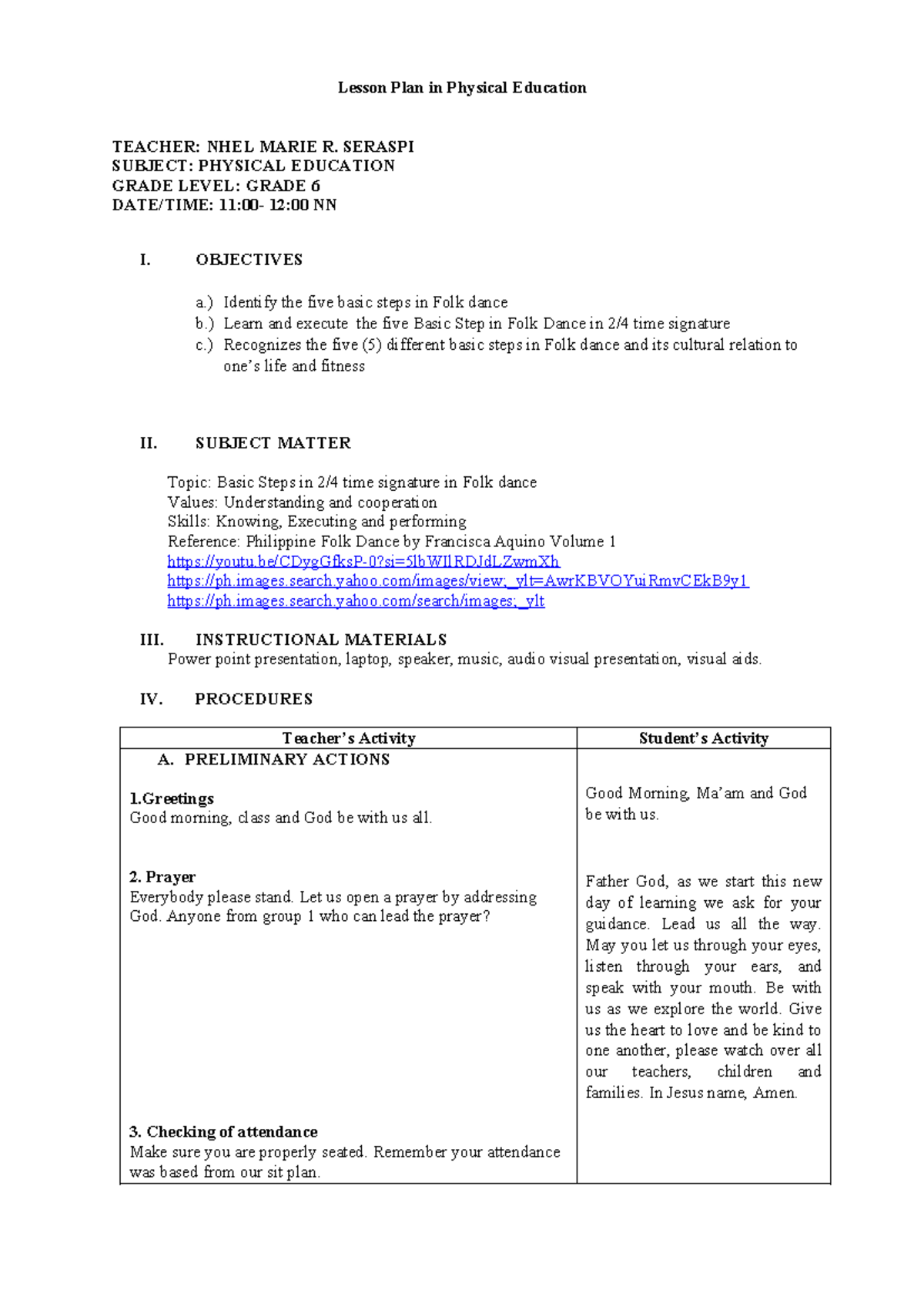 Lesson Plan - Folk Dance - Lesson Plan in Physical Education TEACHER ...