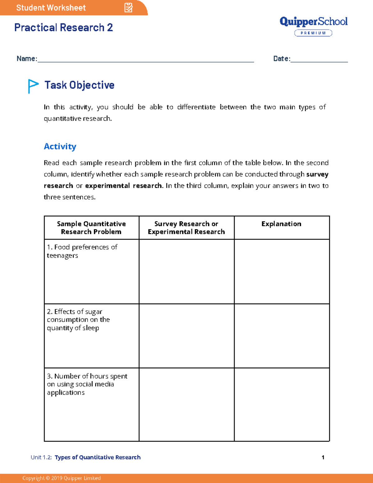 UNIT 1 Lesson 2 Types of Quantitative Research Worksheet - Practical ...