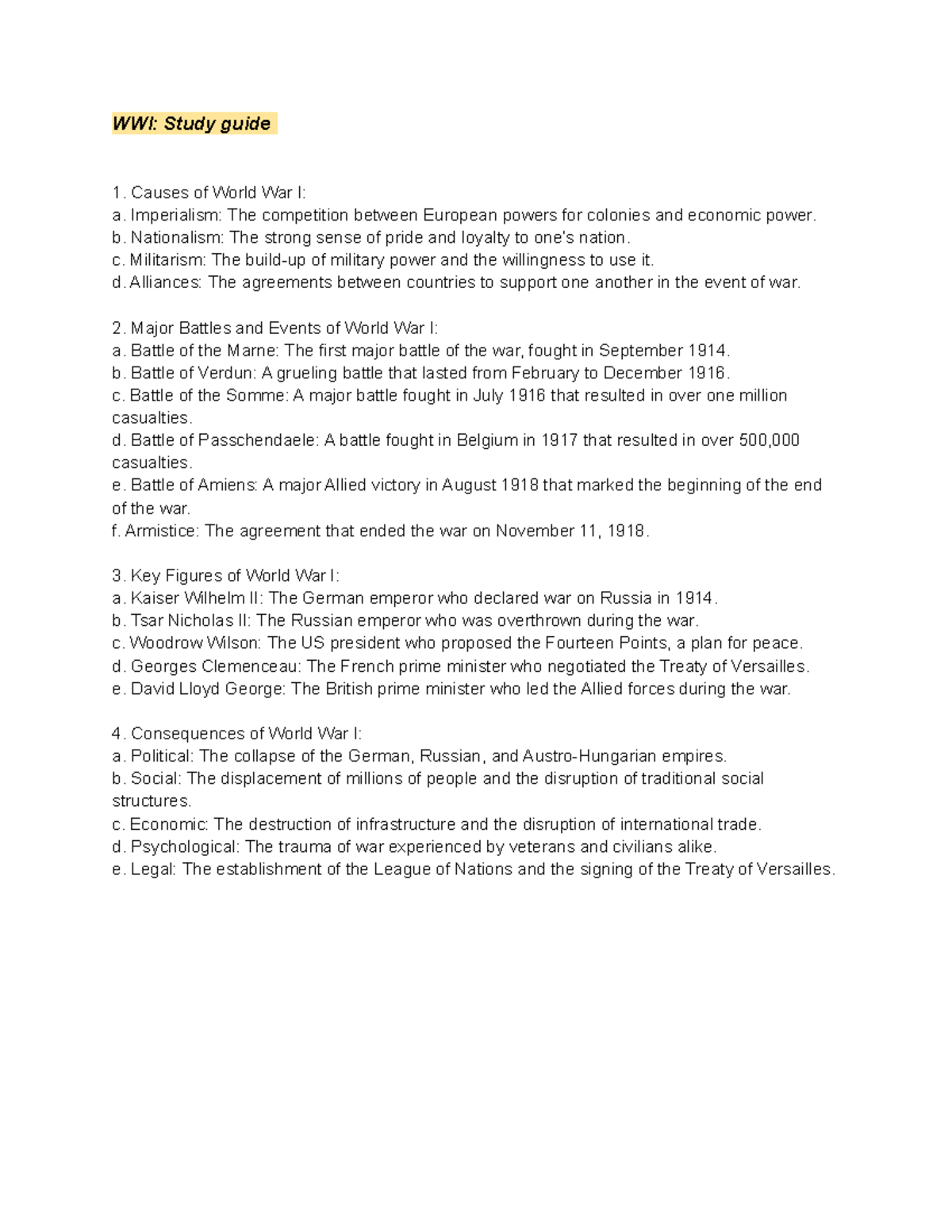 Study Guide WWI - WWI: Study guide Causes of World War I: a ...