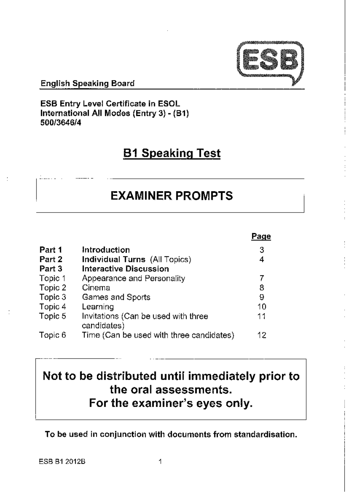 B1 Speaking TEST Examiner Prompts Sample - ESB English Speaking Board ...