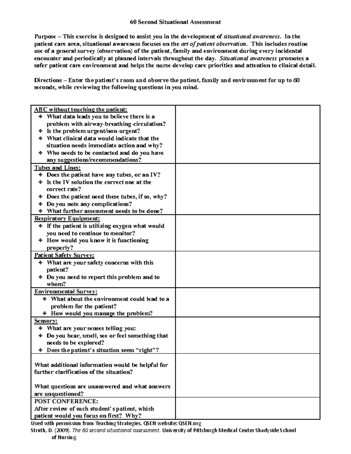 60 Second Situational Assessment from QSEN - 60 Second Situational ...