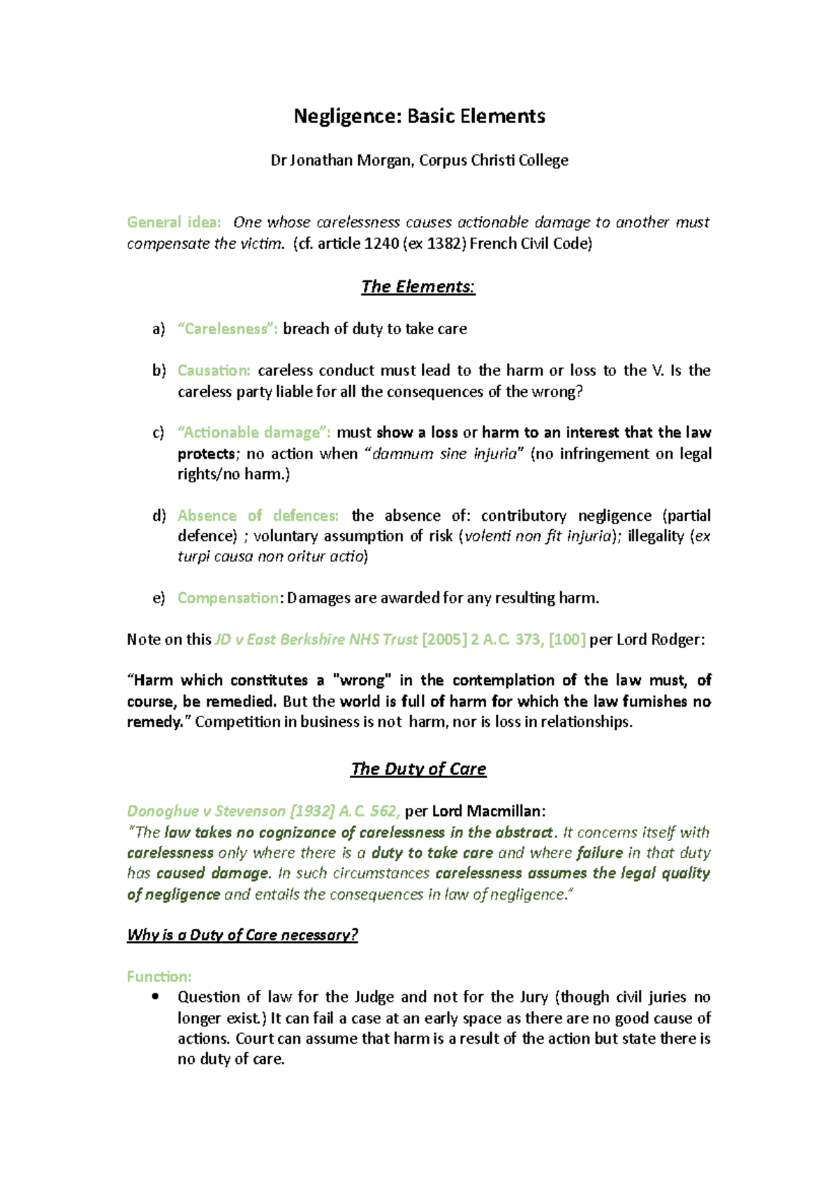Negligence Intro Breach handout 2020 - Negligence: Basic Elements Dr Jonathan Morgan, Corpus ...