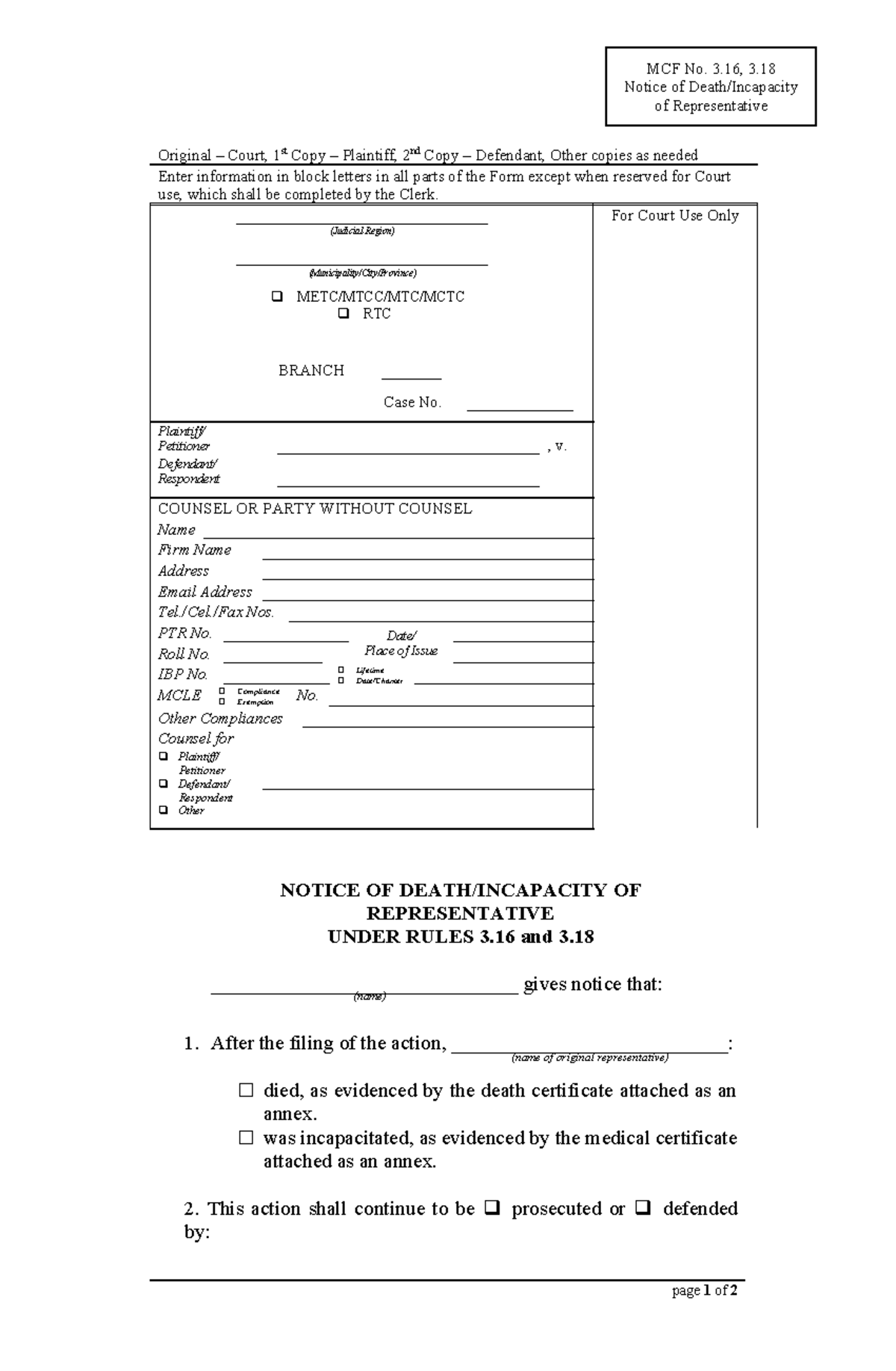 MCF 3.16, 3.18 Notice of Death or incapacity of Representative - MCF No ...