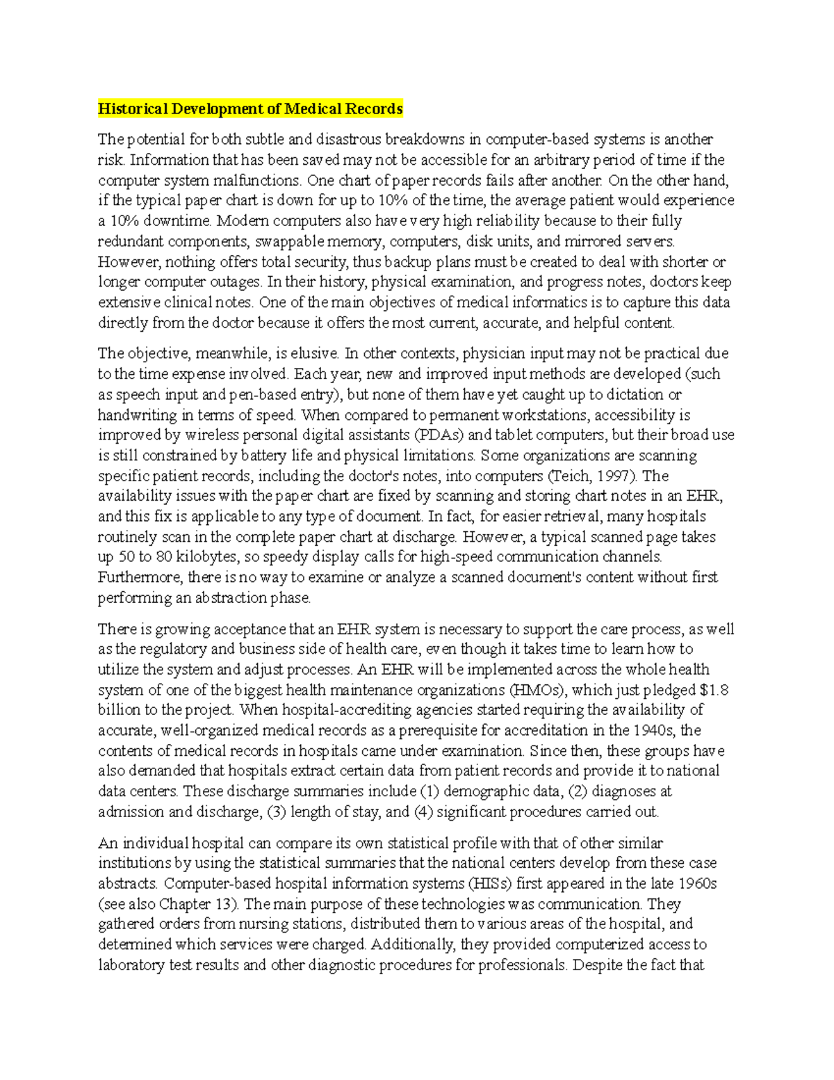 Historical Development of Medical Records - NURS6711 - Vandy - StuDocu