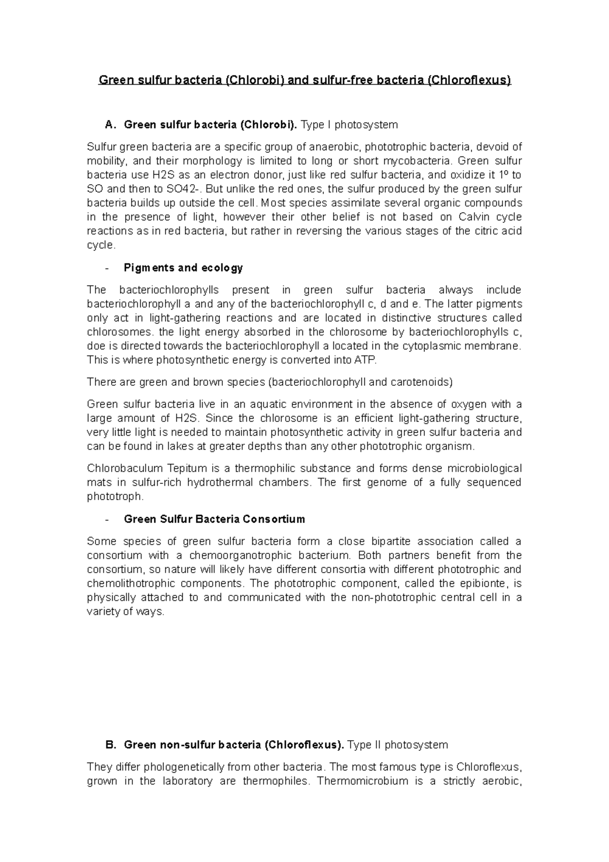 Unit 4 - Lecture notes 4 - Green sulfur bacteria (Chlorobi) and sulfur ...