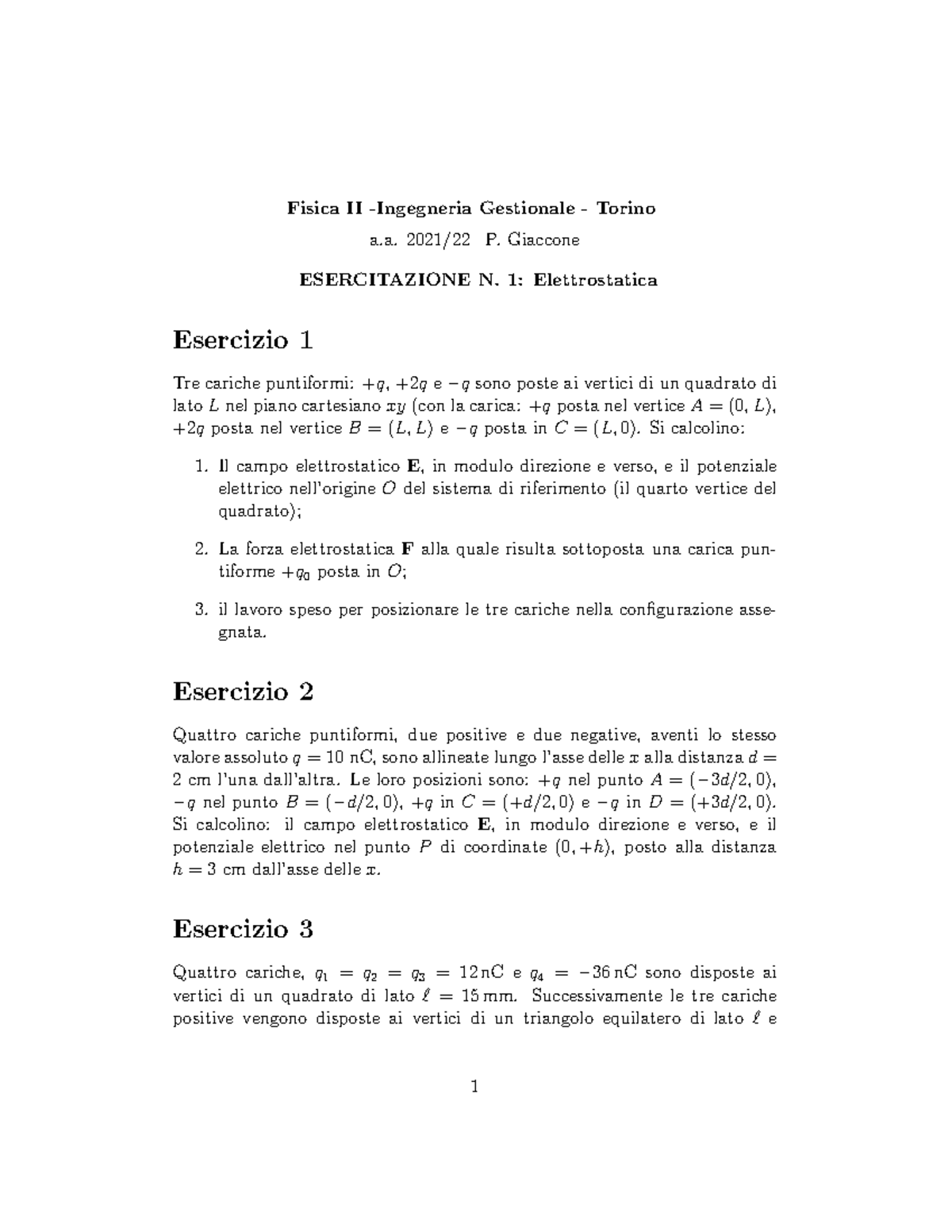01 Esercitazione del 18 10 2021 - Fisica II -Ingegneria Gestionale - Torino a. 2021/22 P ...