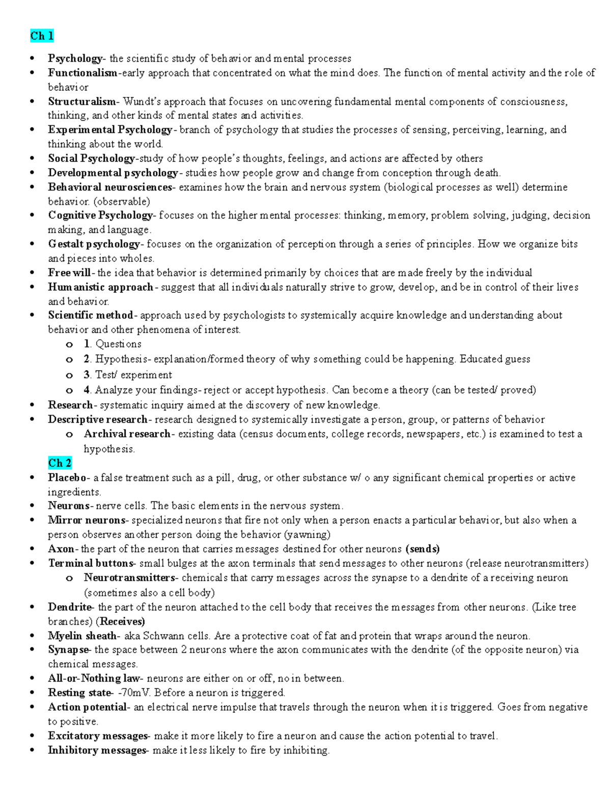 Mid term Review CH 1-6 CO 13 - Ch 1 Psychology- the scientific study of ...