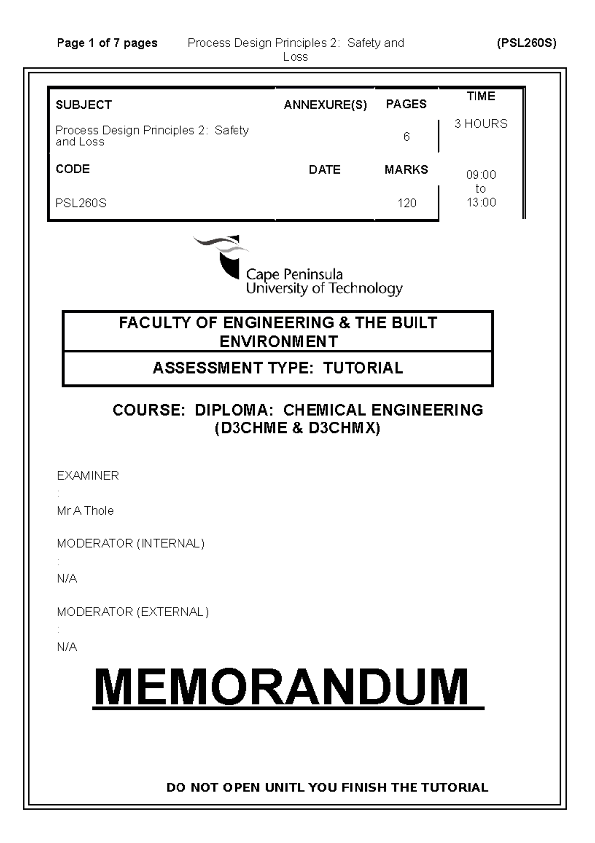 Tutorial TEST #1-PSL260S-2021 MEMO - Loss SUBJECT ANNEXURE(S) PAGES ...