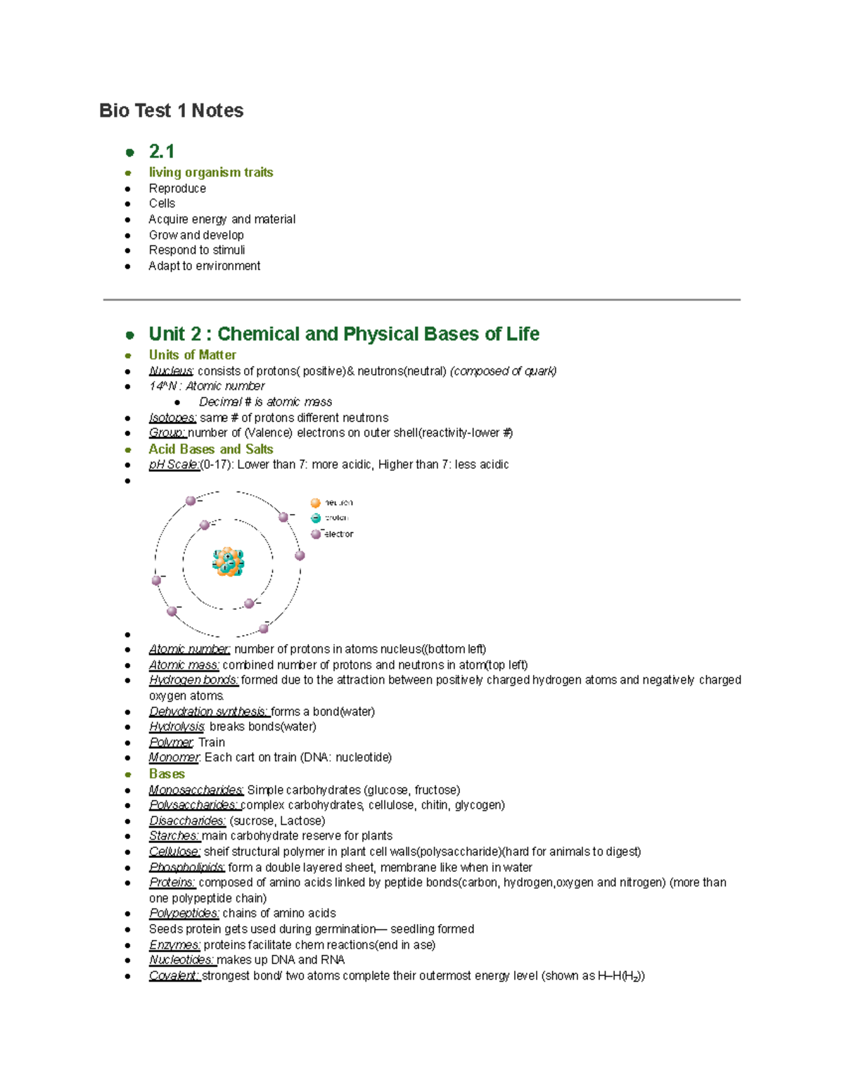 Bio unit 1 - lecture- Dr. chau - Bio Test 1 Notes 2. living organism ...
