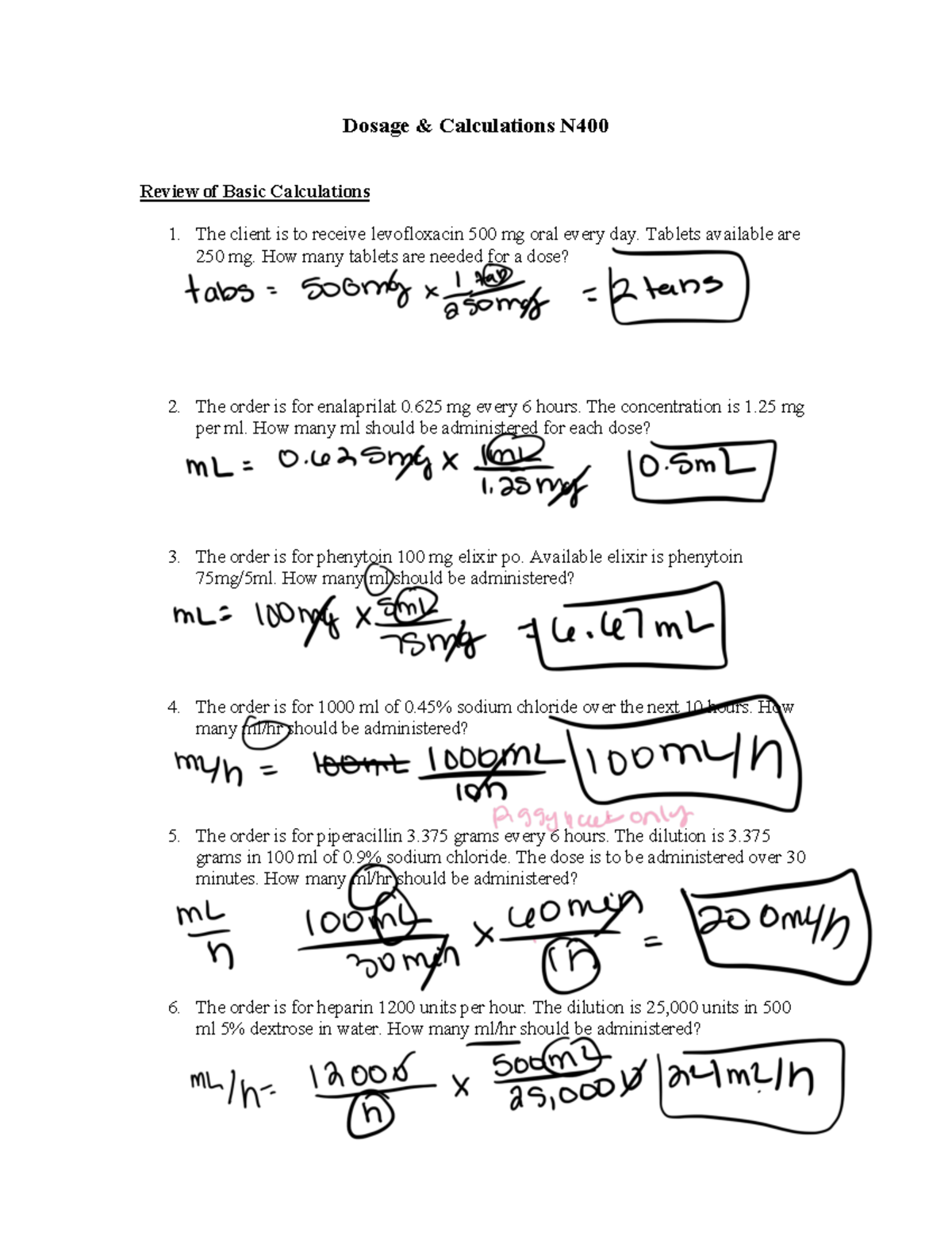 Dosage Class handout - Dosage & Calculations N Review of Basic ...