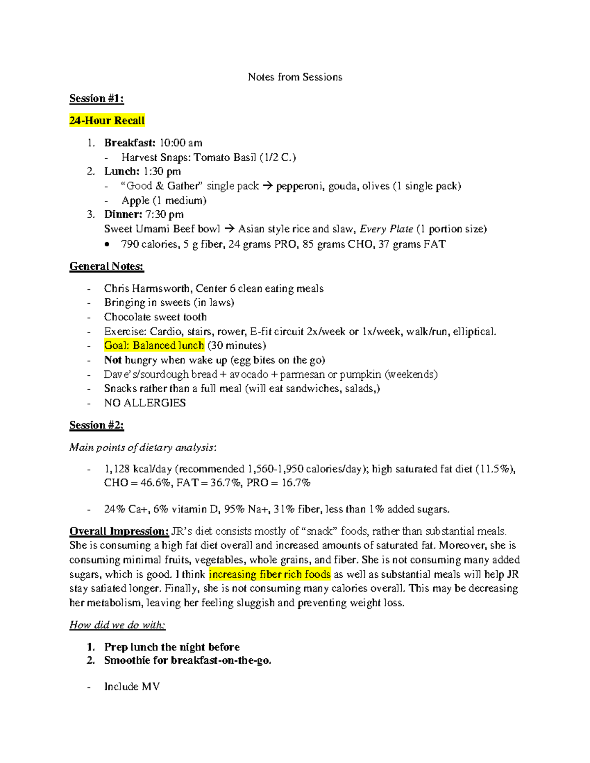 Client Example Notes - Notes from Sessions Session #1: 24-Hour Recall ...