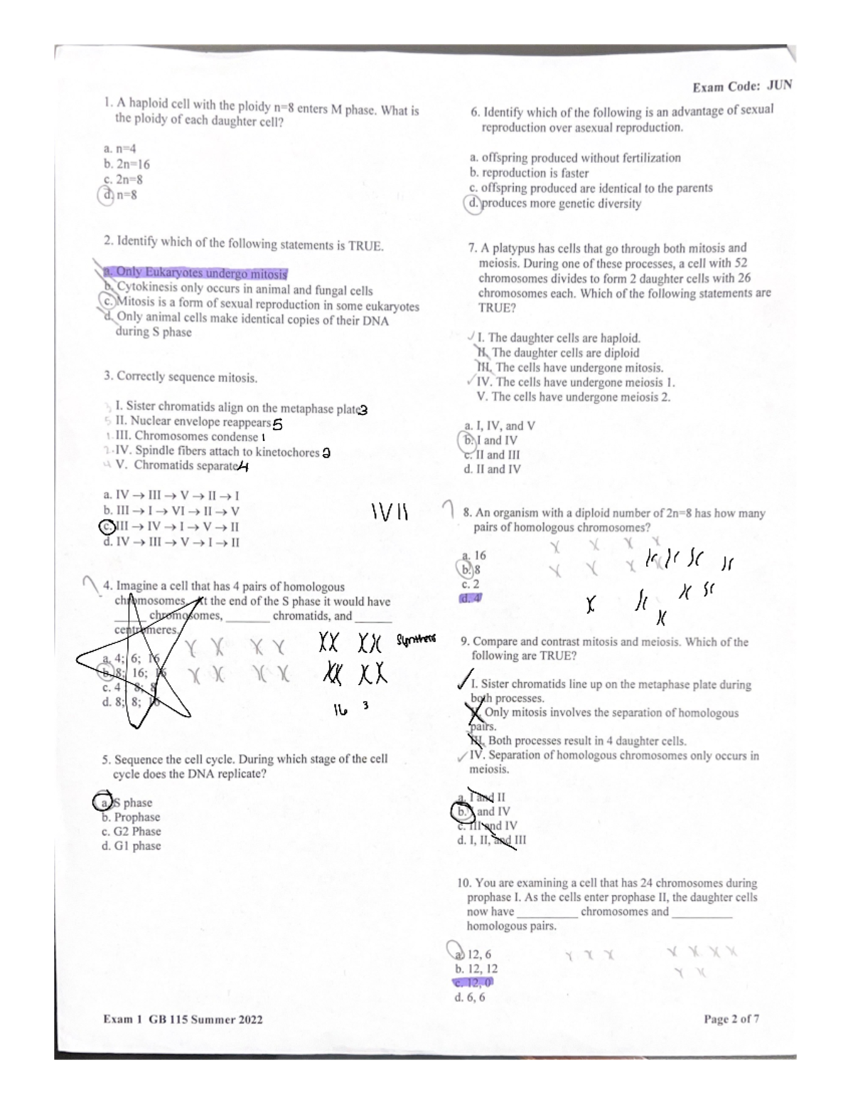 Bio 1 Midterm Exam 2 - Exam - Exam Code: JUN 1. A haploid cell with the ...