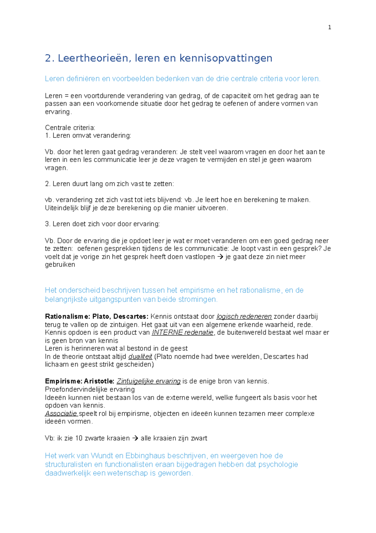 Samenvatting leerpsychologie - 2. Leertheorieën, leren en ...