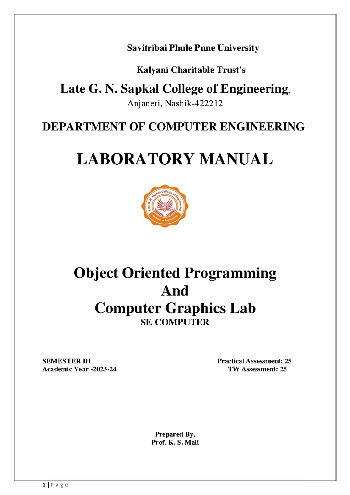SE SEM 1 Oopcg- LAB Manual - Savitribai Phule Pune University Kalyani ...