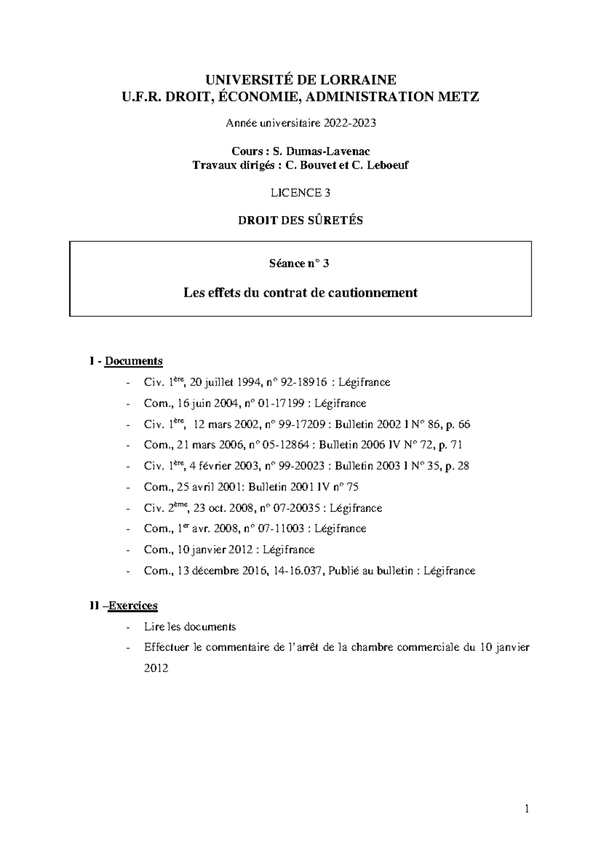 TD3 Fiche Les effets du contrat de cautionnement - UNIVERSITÉ DE ...