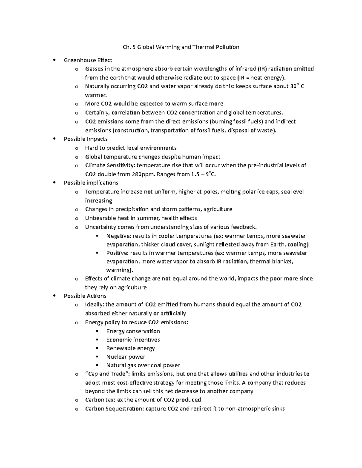 Ch 9 Alt. En. Notes Global Warming - Ch. 9 Global Warming and Thermal ...