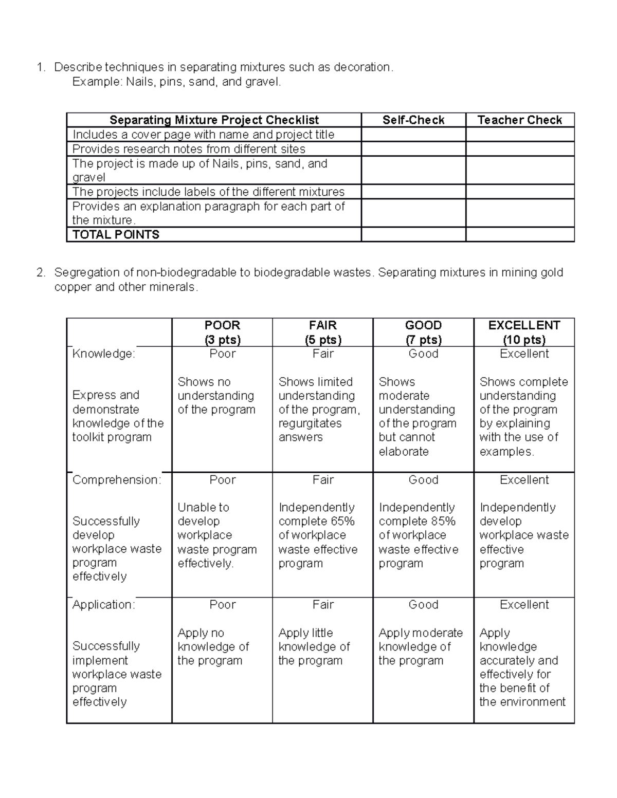 Developed rubrics - Describe techniques in separating mixtures such as ...