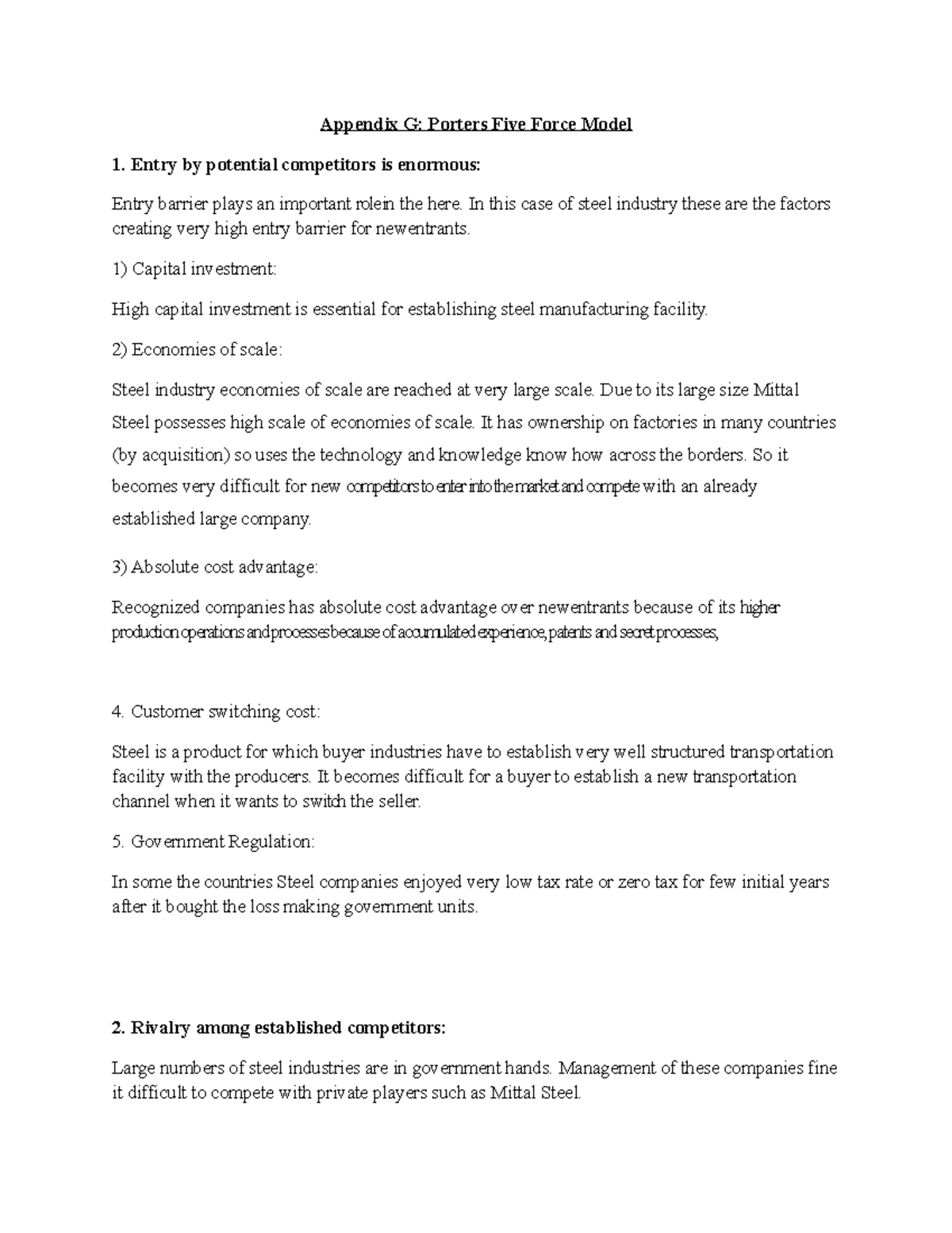 5 Forces - **Appendix G: Porters Five Force Model Entry by potential ...