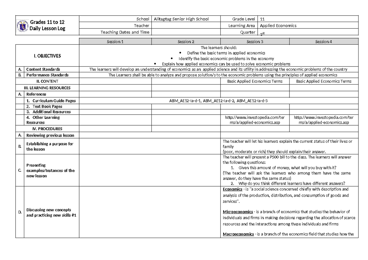 Pdfcoffee - Notes - Grades 11 to 12 Daily Lesson Log School Alitagtag ...