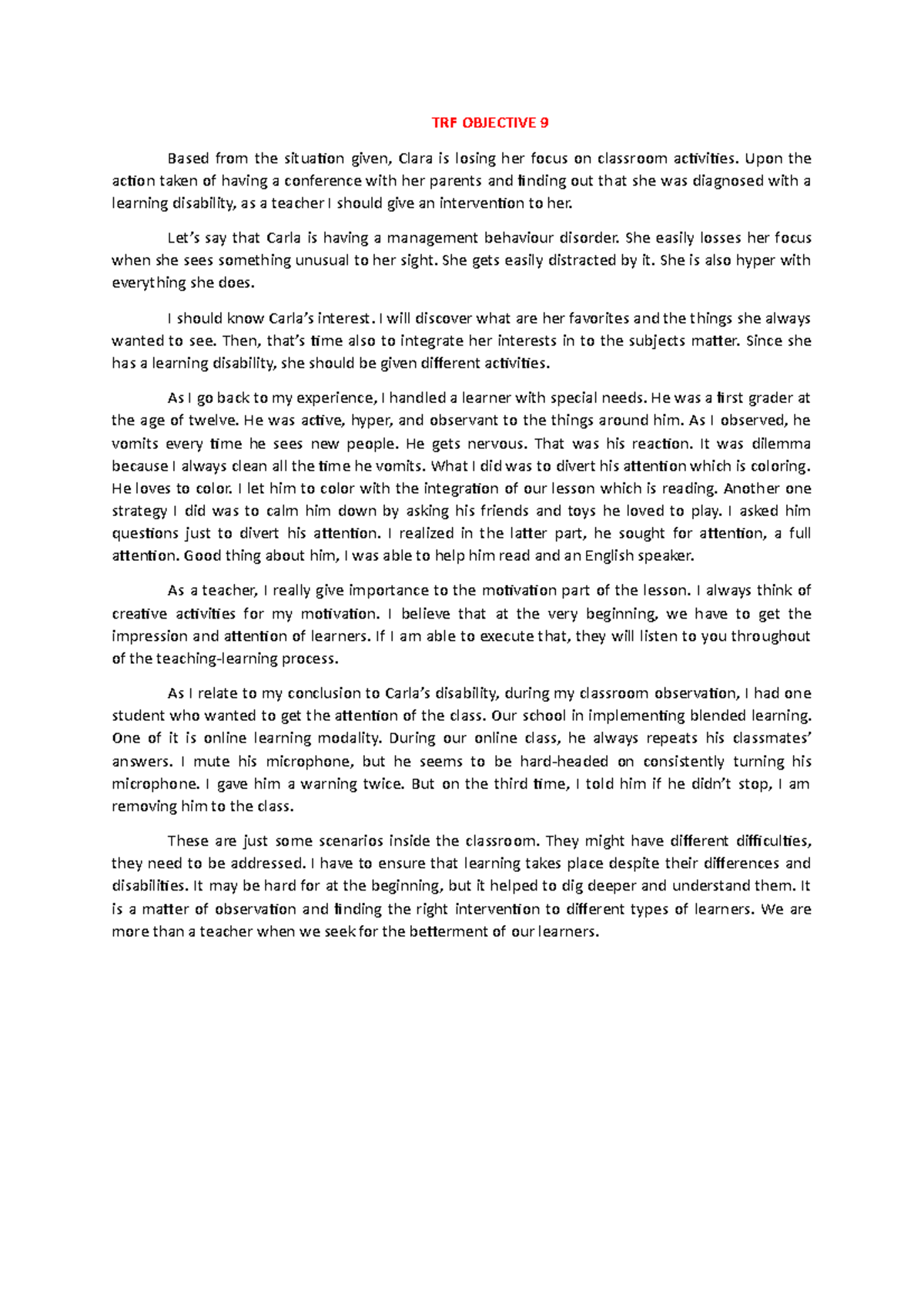 TRF Objective 9 10 Teacher Reflection Form TRF OBJECTIVE 9 Based