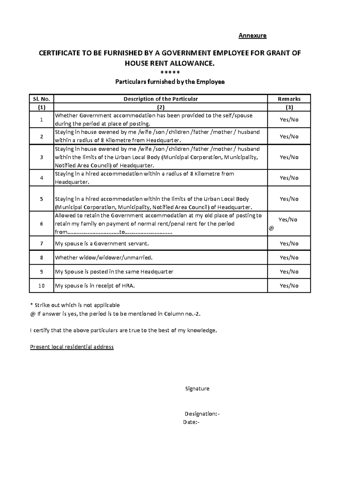 HRA Form - hifhjty6uj - Sl. No. Description of the Particular Remarks ...