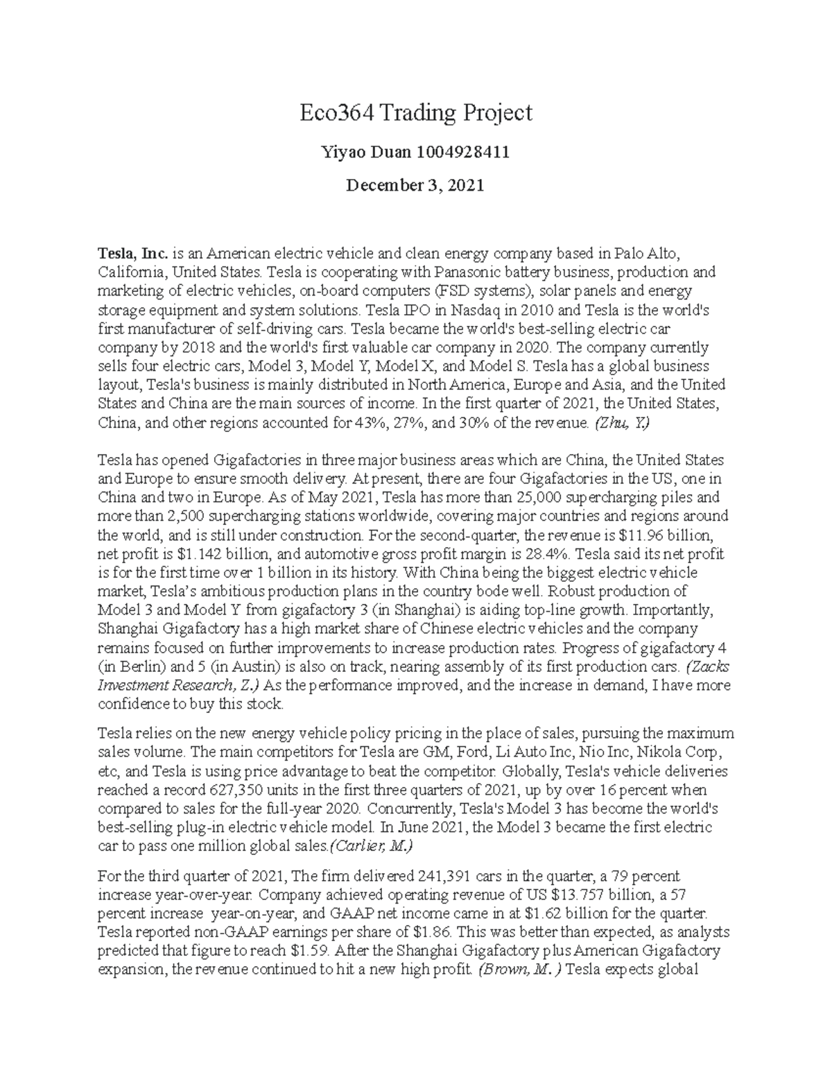 Tesla, Inc Eco364 Trading Project - Eco364 Trading Project Yiyao Duan ...