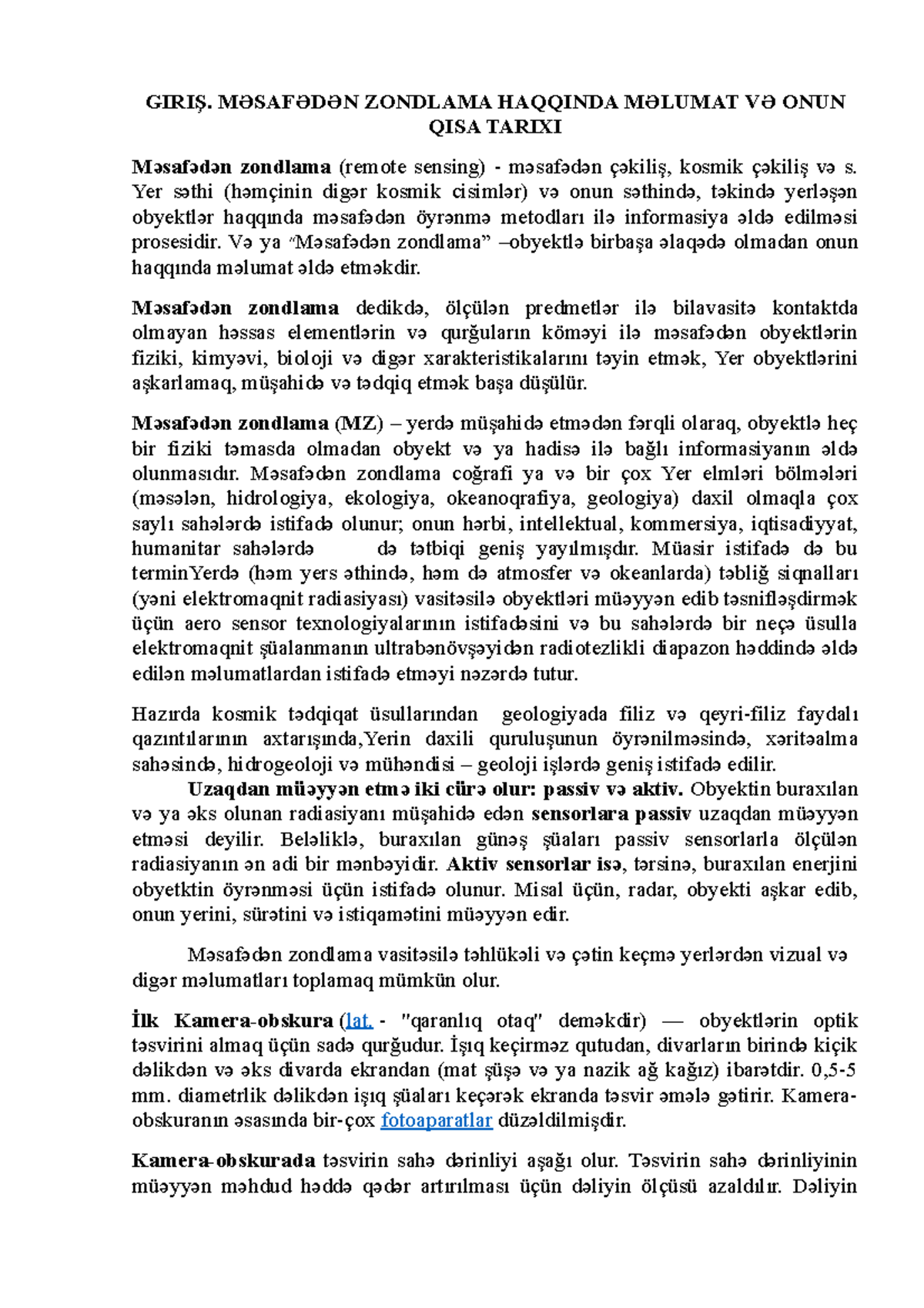 C fakepath Mühazir materiallar - GIRIŞ. MƏSAFƏDƏN ZONDLAMA HAQQINDA ...