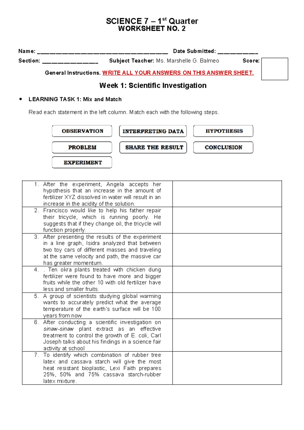 Q1-G7-Worksheet No. 2 - answer sheet - SCIENCE 7 – 1 st Quarter ...