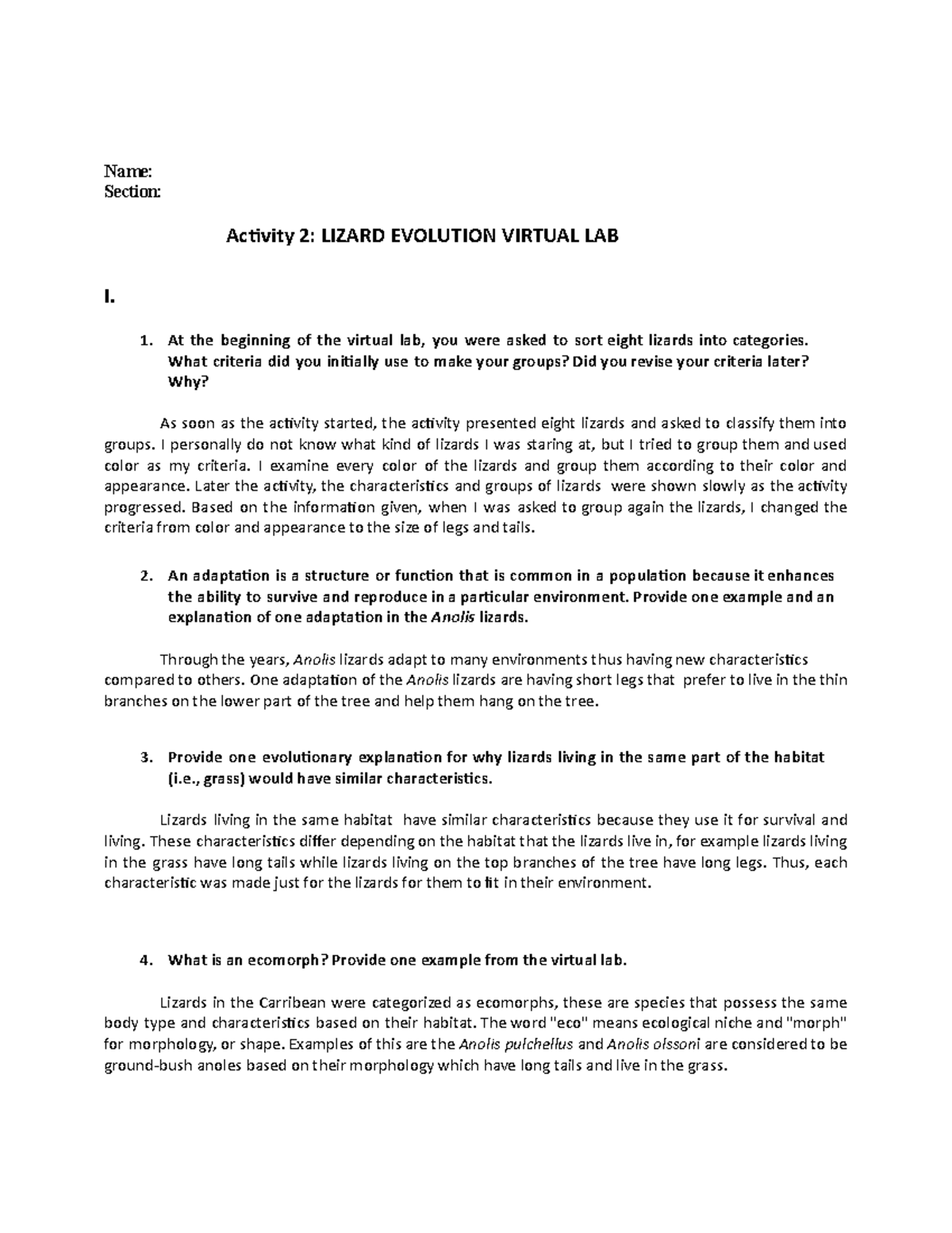 Evolutionary Bio - Act 2 - Acvity 2: LIZARD EVOLUTION VIRTUAL LAB I. 1 ...