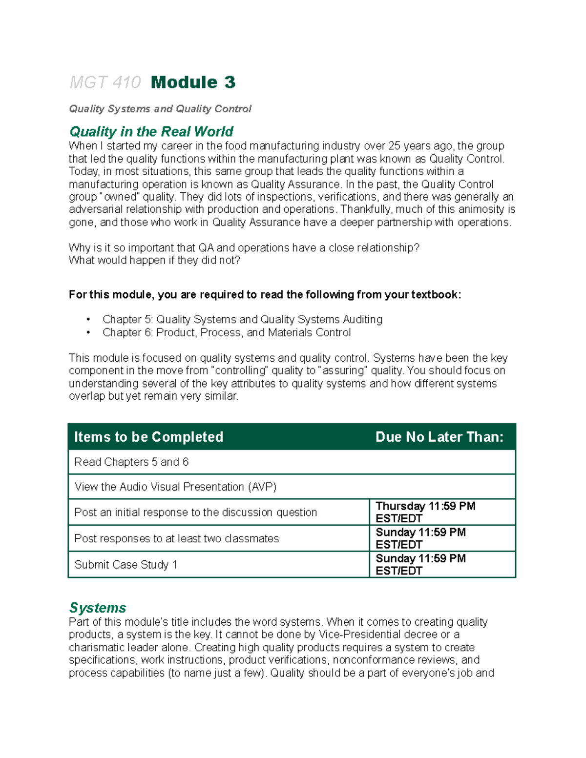 Mod Notes - MGT 410 Module 3 Quality Systems and Quality Control ...