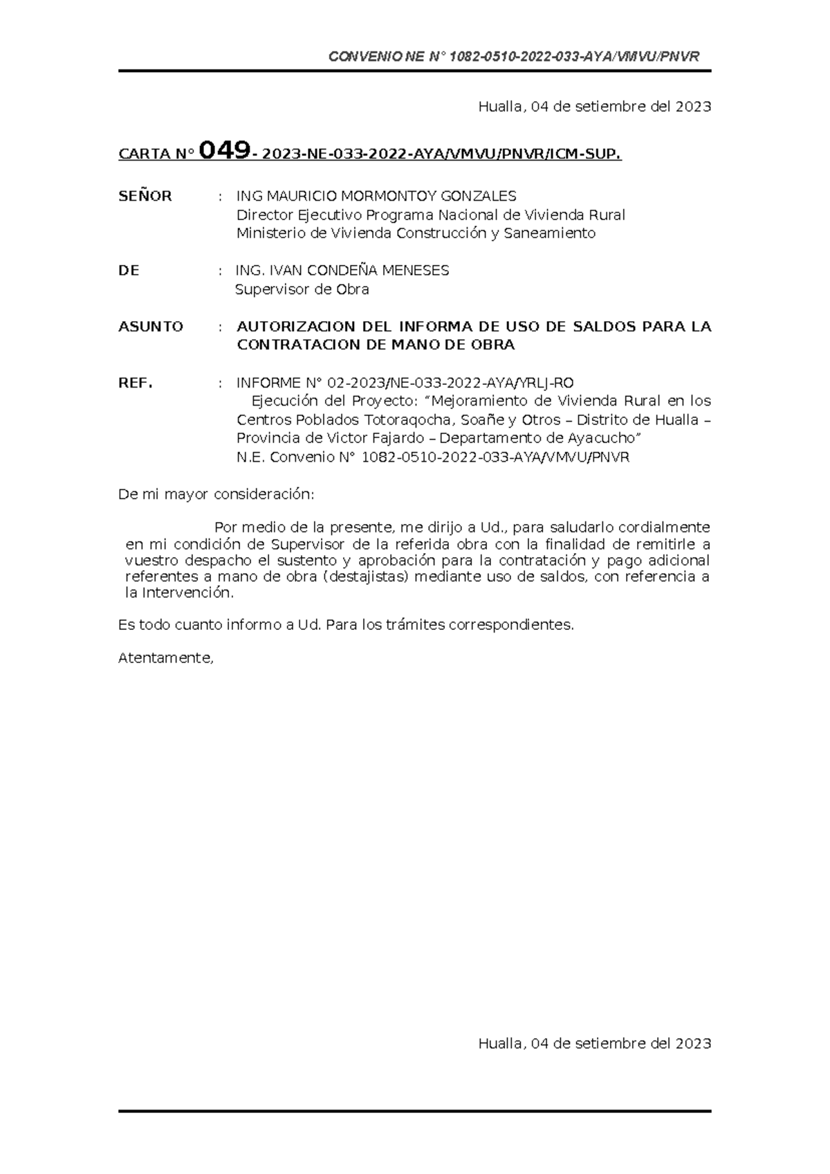 00 USO DE Saldo MO - trabajo - Hualla, 04 de setiembre del 2023 CARTA N ...