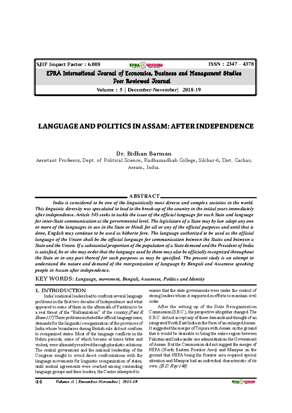 842pm 9.Dr. Bidhan Barman - 44 Volume : 5 |December-November| 2018- EPRA International Journal ...