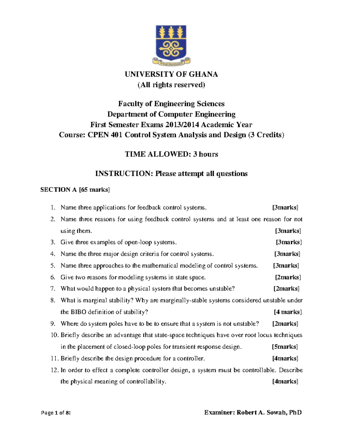 CPEN 401 Final Exams 2013 14 - UNIVERSITY OF GHANA (All rights reserved) Faculty of Engineering ...