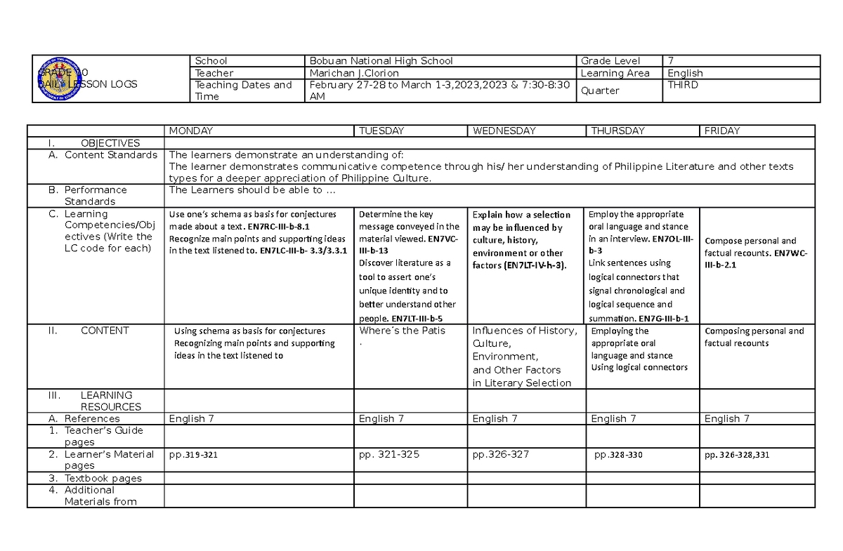 JHS Lesson LOG G-10 english 1 - GRADE 10 DAILY LESSON LOGS School ...