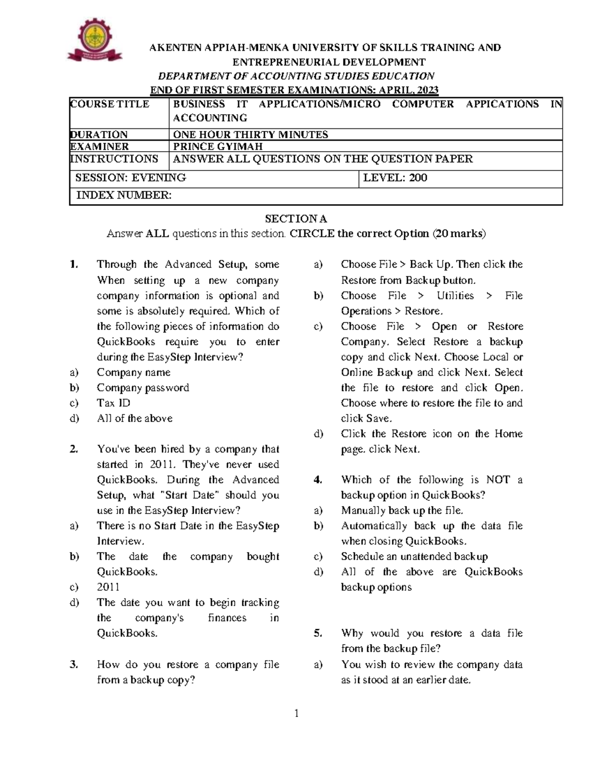 PAST Question 2 - Computerized Accounting - AKENTEN APPIAH-MENKA ...