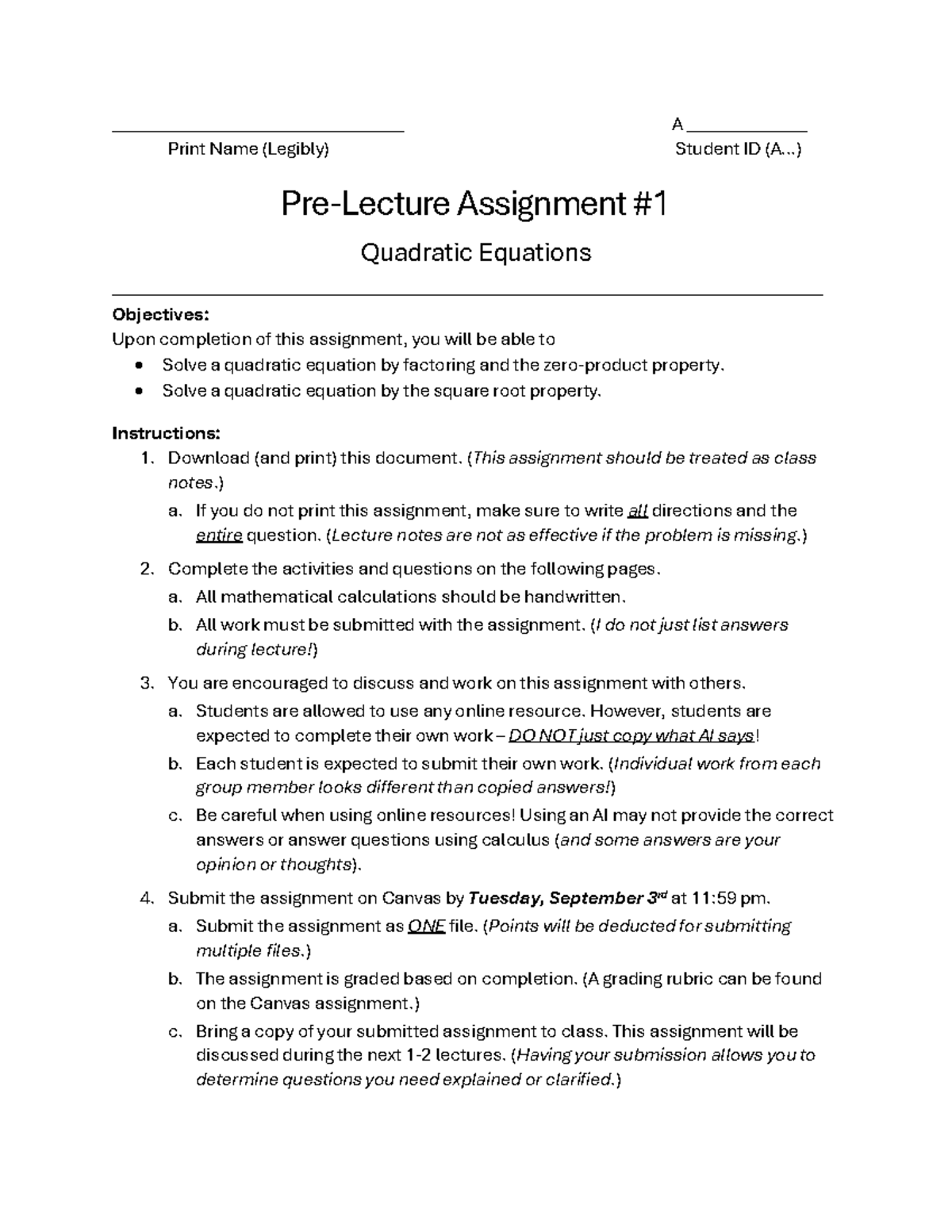 Pre-Lecture 1 - answers - __________________________________ A ______________ Print Name ...