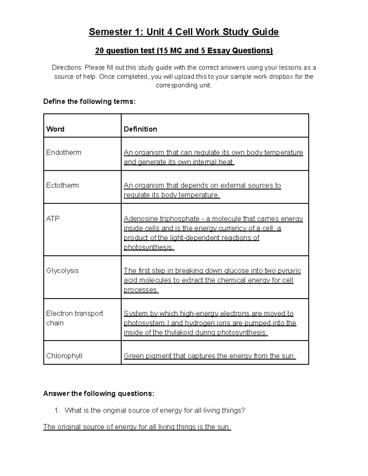 Honors Bio 12 Unit 4 - Semester 1 Study Guide - Semester 1: Unit 4 Cell ...