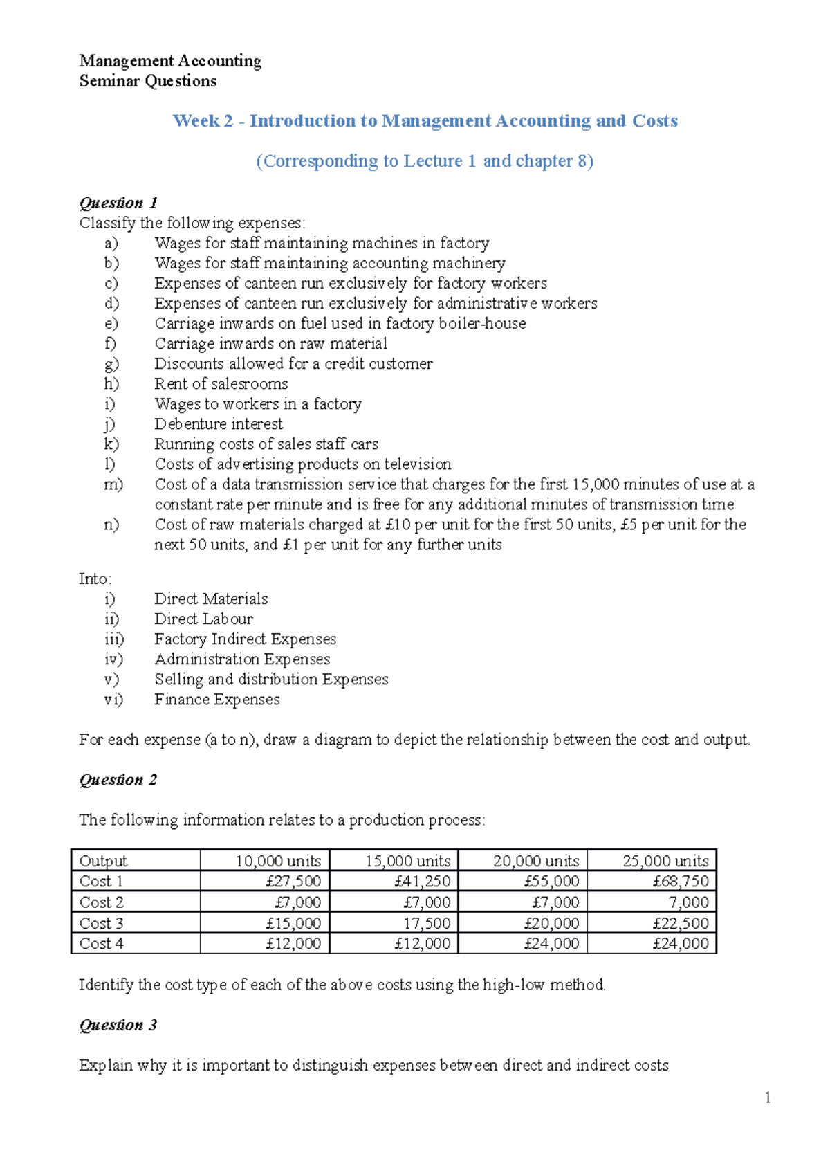 Management Accounting Seminar Questions 2017-18 - Management Accounting ...