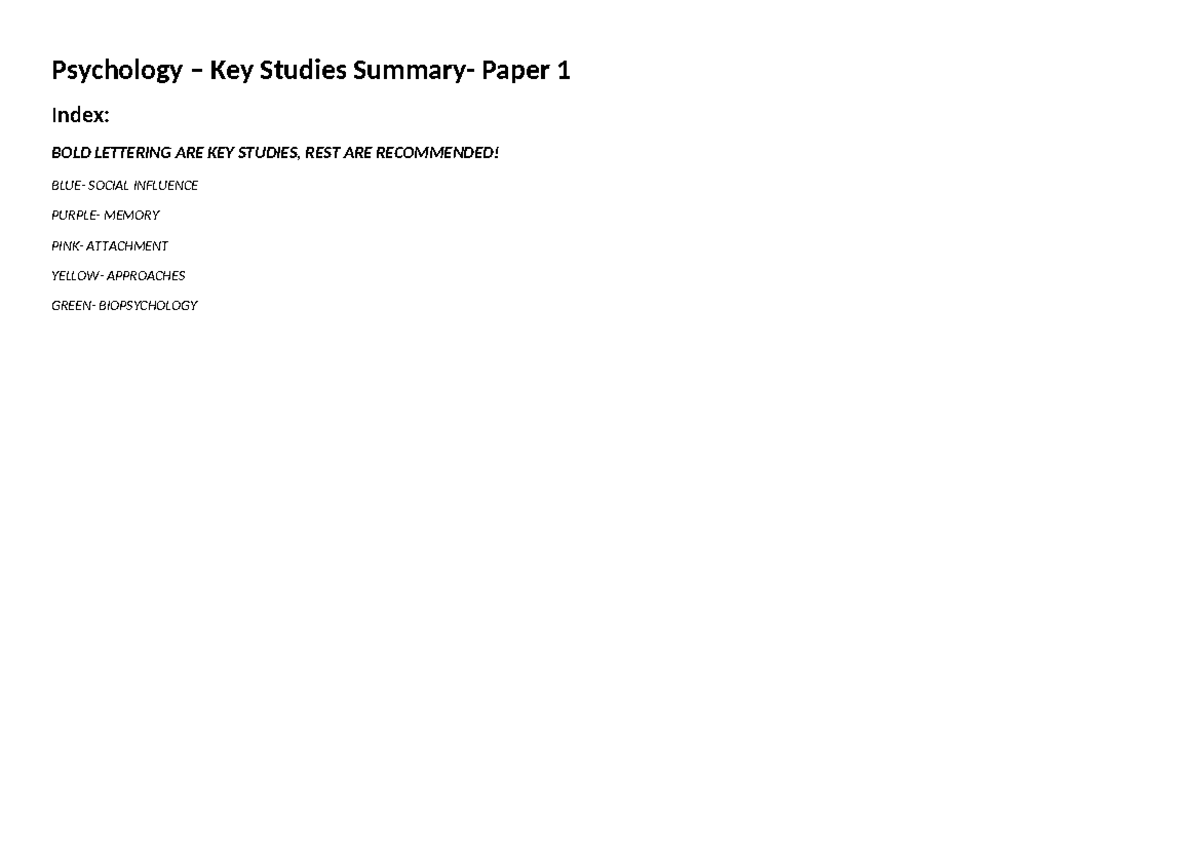 Key-studies-summary copy - Psychology – Key Studies Summary- Paper 1 ...