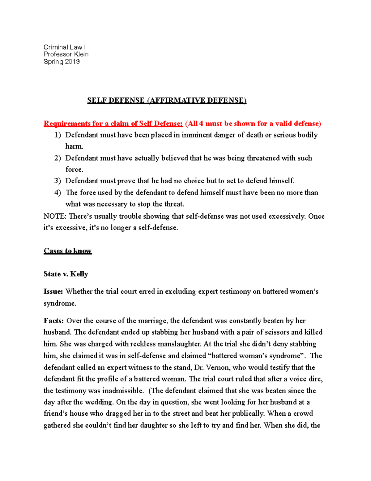 Requirements for a claim of Self Defense - Criminal Law I Professor ...