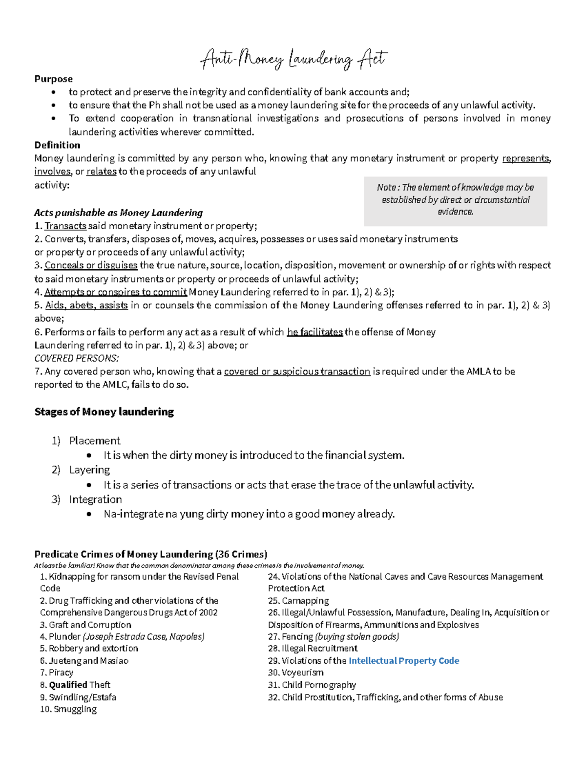 AMLA Notes - Anti-Money Laundering Act Purpose • to protect and ...